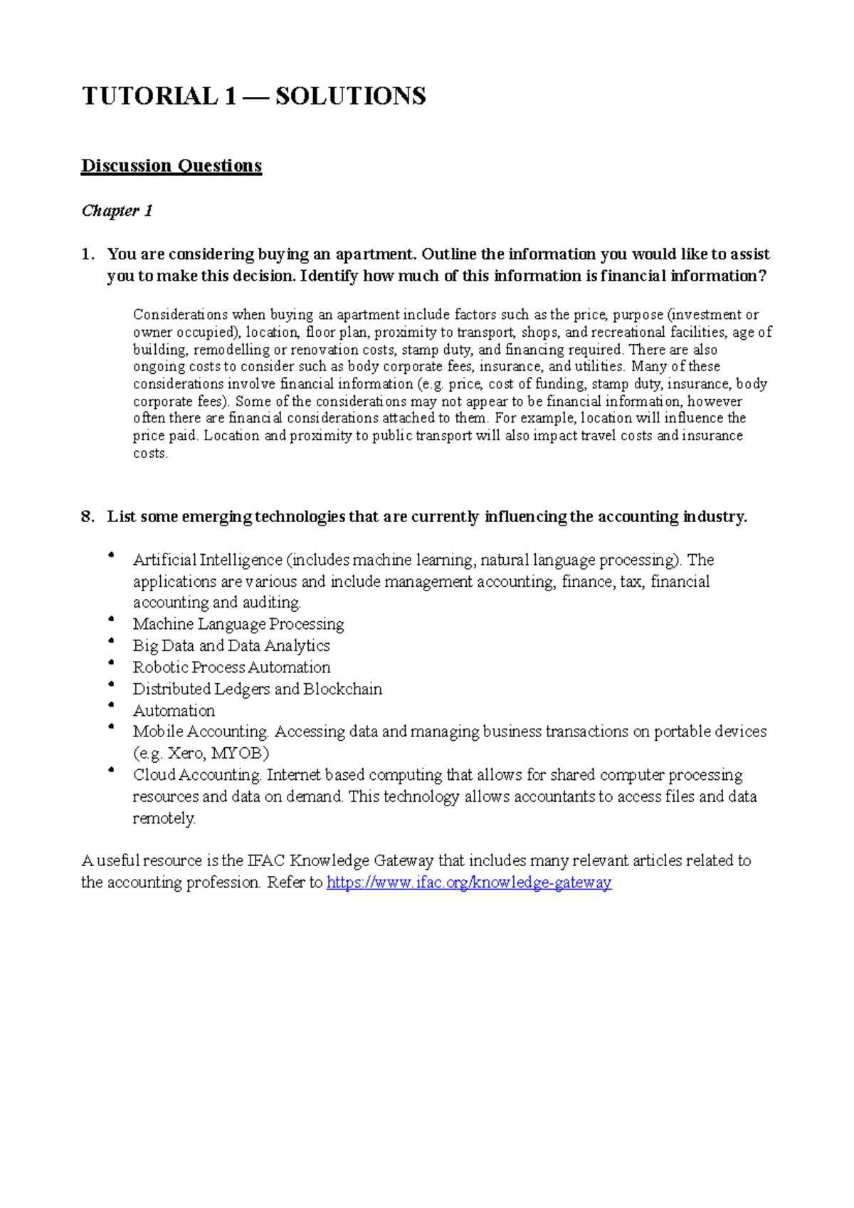 ACCT1101 TUT1 (WK2) - Tutorial 1 Solutions and Discussion Questions ...