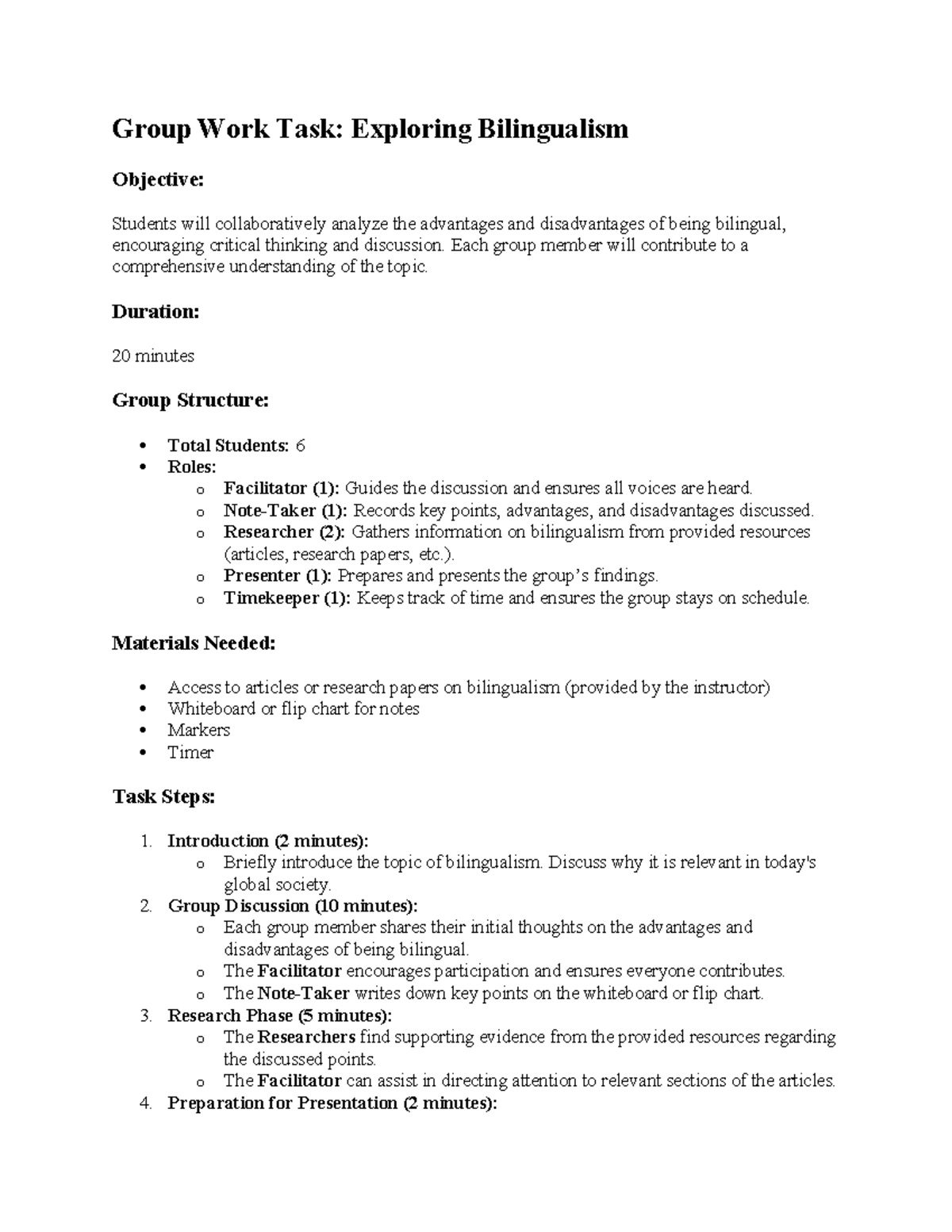 Group Work Task: Analyzing Bilingualism Advantages & Disadvantages ...