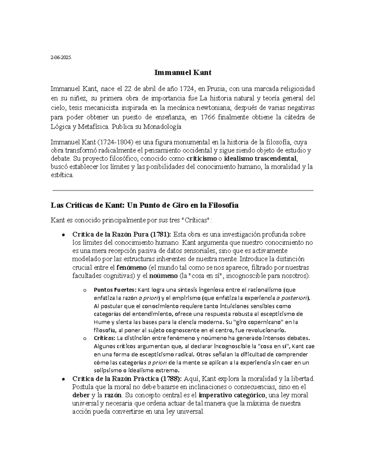 Reseña de Kant: Filosofía y Críticas (Curso: FIL-101) - Studocu