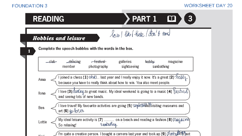 F3 - Day 20 Worksheet: Hobbies & Leisure Reading Activities - Studocu