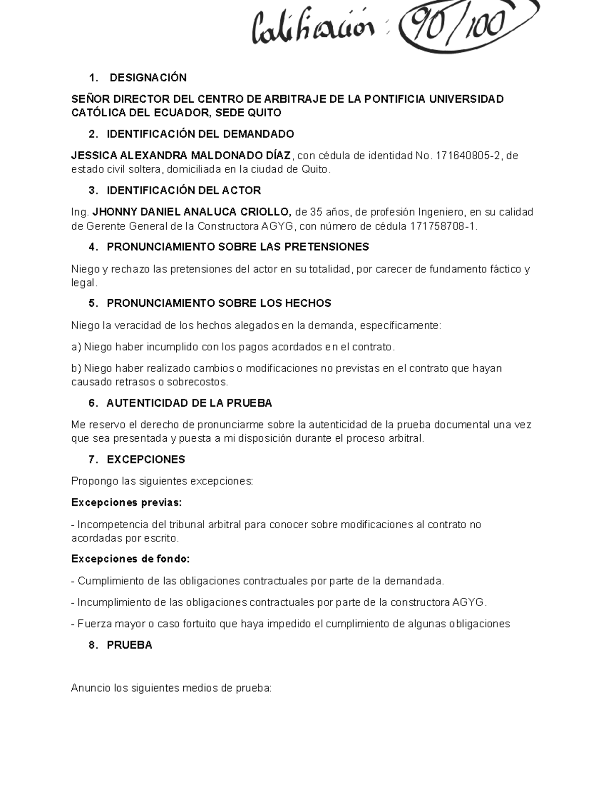 Contestación 2 - Arbitraje entre Ing. Jhonny Analucca y Jessica ...