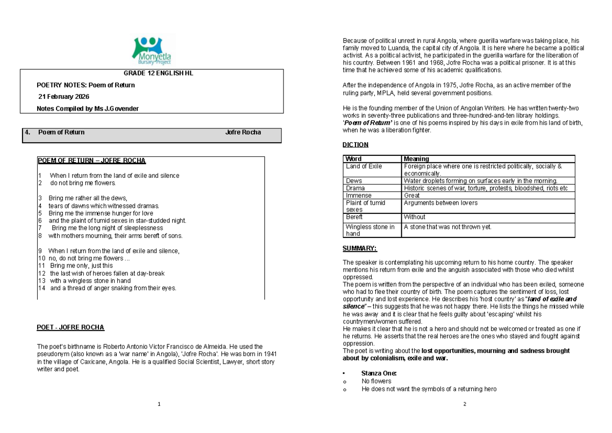 GRADE 12 ENGLISH HL POETRY NOTES: Poem of Return by Jofre Rocha - Studocu
