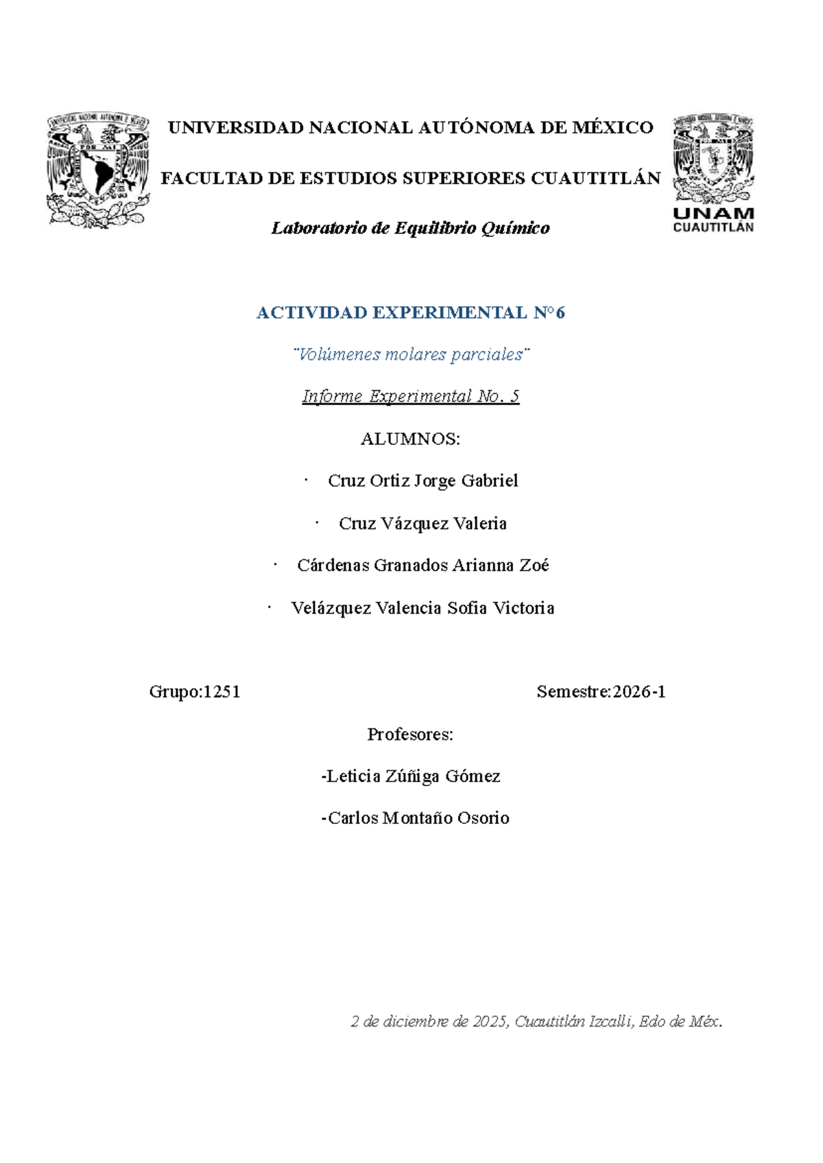 Informe Experimental No. 6: Volúmenes Molares Parciales en Mezclas ...