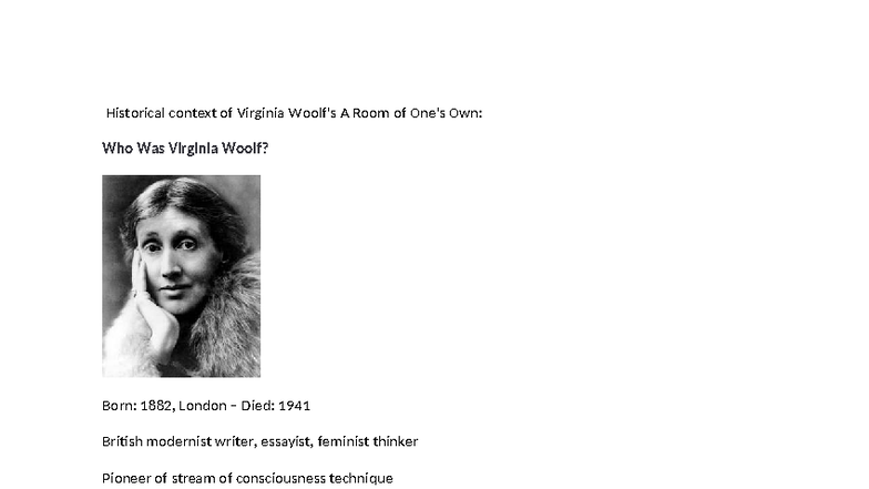 Virginia Woolf: Historical Context of A Room of One's Own - Studocu