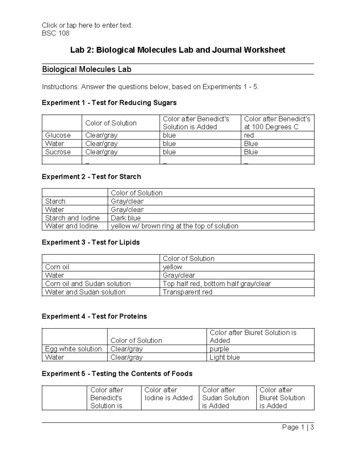 Lab 2 Biological Molecules Lab+Worksheet - Click or tap here to enter ...