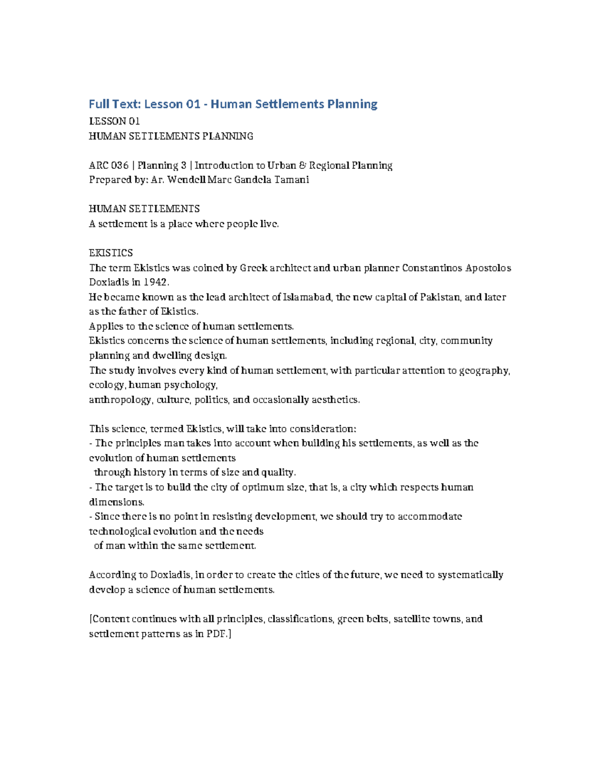 ARC 036 Lesson 01: Introduction to Human Settlements Planning - Studocu