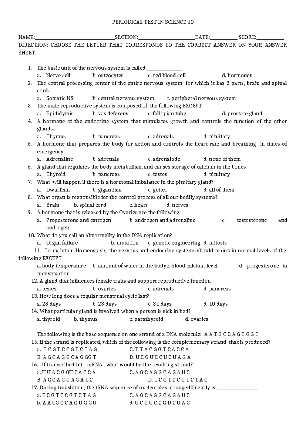 3rd Periodical Test in Science 10 - Quarter 3 Review Questions - Studocu
