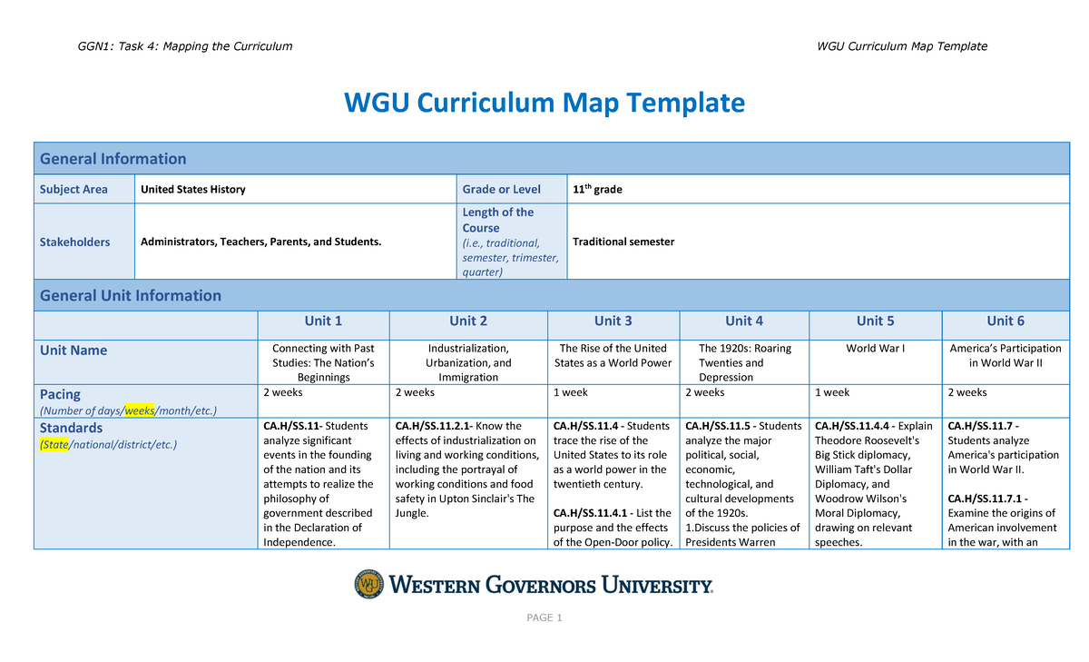 D630 Task 4 - Passed - WGU Curriculum Map Template General Information ...