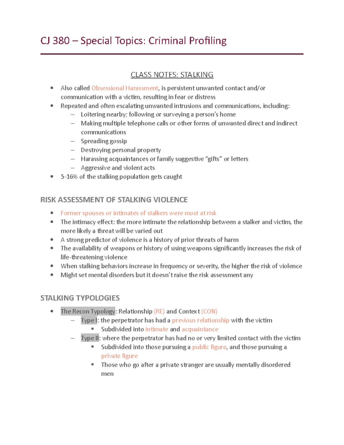 CJ 380 - Class Notes: Understanding Stalking and Its Typologies - Studocu