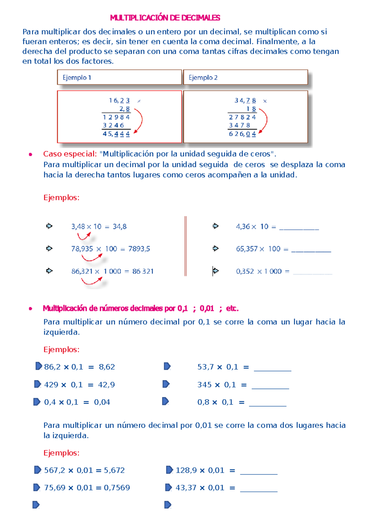 Ficha DE Multiplicación DE Decimales - MULTIPLICACIÓN DE DECIMALES Para ...