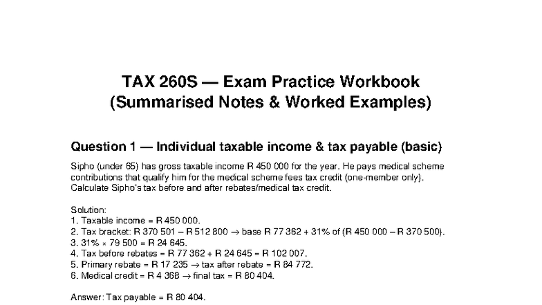 TAX 260S Exam Practice Workbook: Tax Calculations & Examples - Studocu