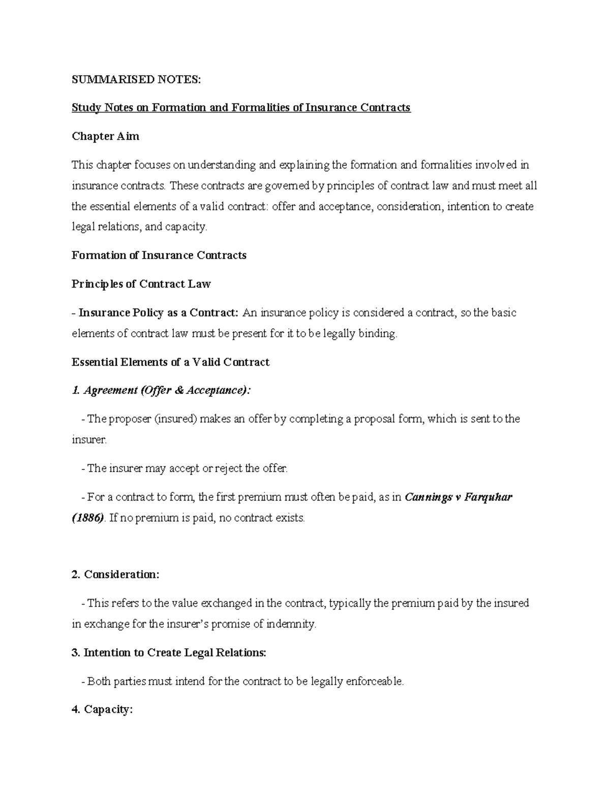 Summarised Notes on Formation & Formalities of Insurance Contracts (CL ...