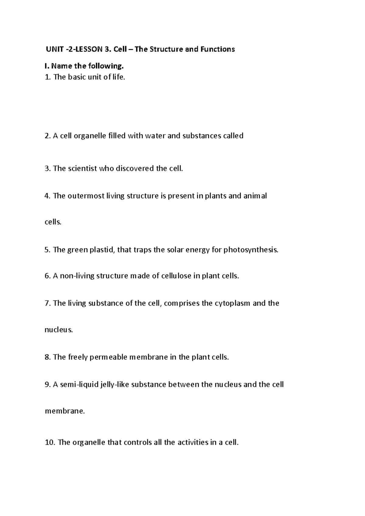 Class 6 THE CELL - Worksheet on Structure and Functions - Studocu