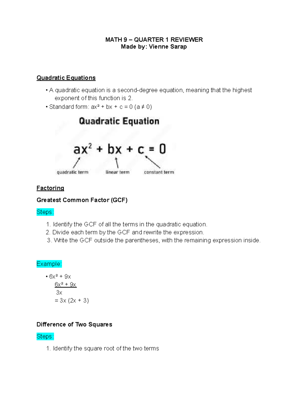 MATH 9 Q1 Quadratic Equations Review Guide - Studocu