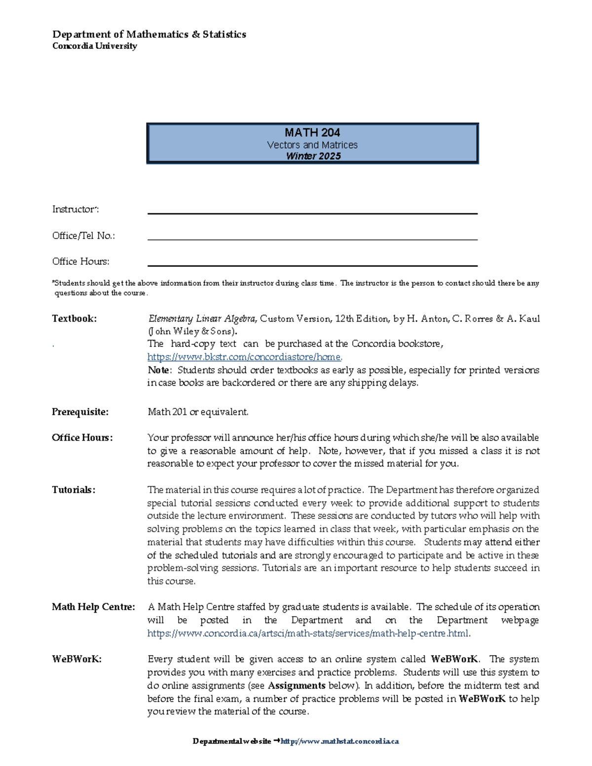 MATH 204 Winter 2025 Course Outline: Vectors and Matrices - Studocu