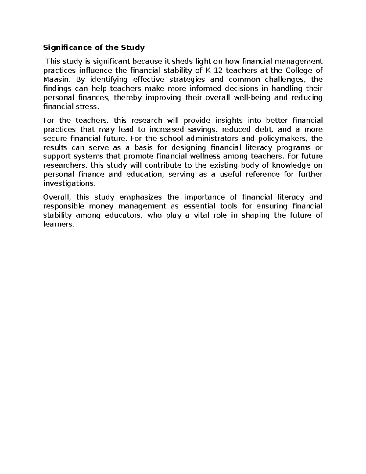 Significance of the Study: Financial Management for Teachers - Studocu