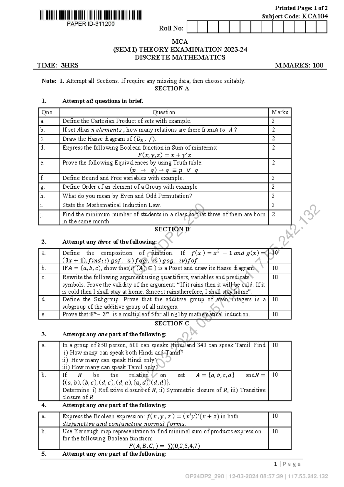 Discrete Mathematics Exam Notes - KCA104 (MCA SEM I) - Studocu