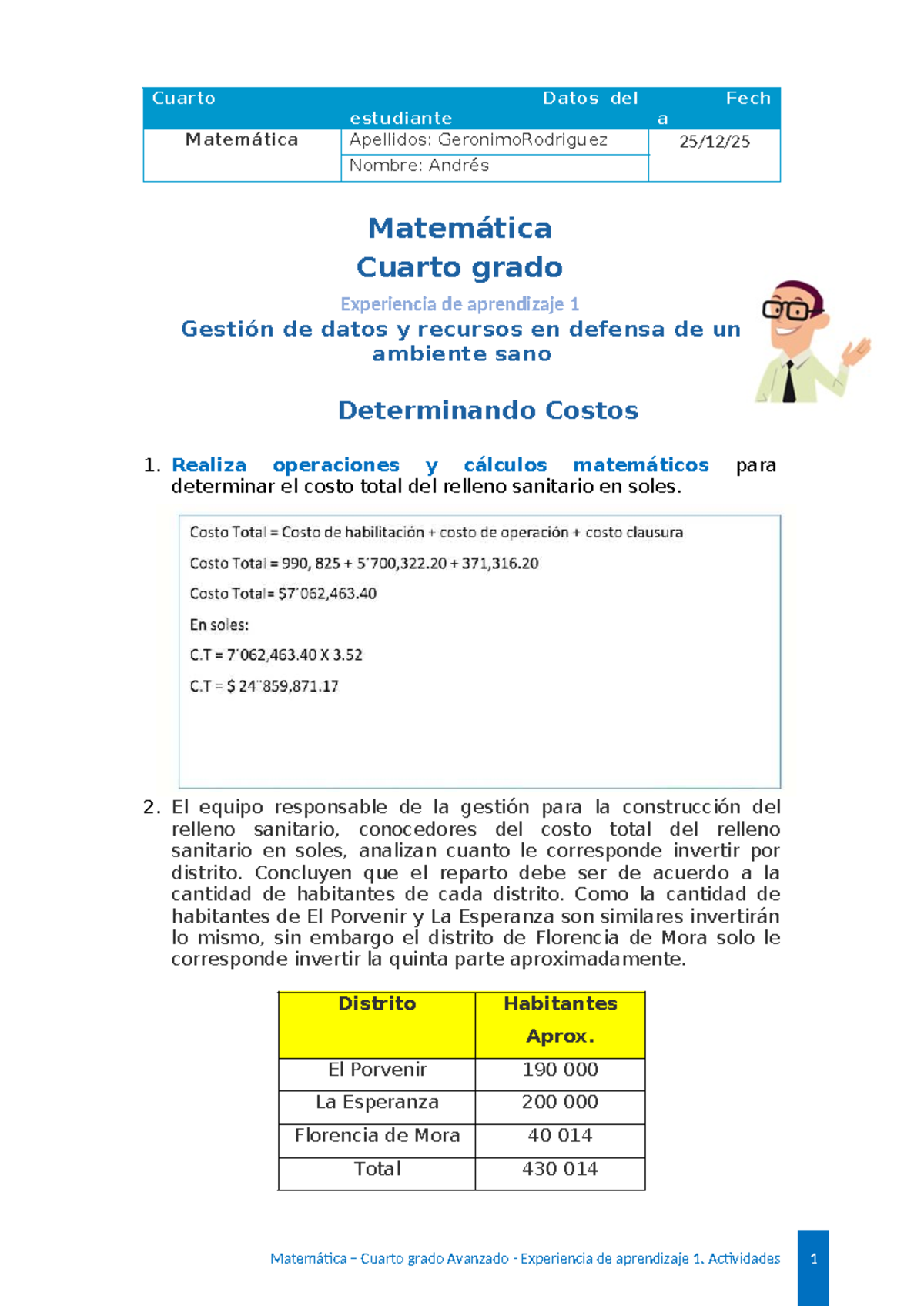 Matemática Cuarto Grado: Determinando Costos del Relleno Sanitario ...