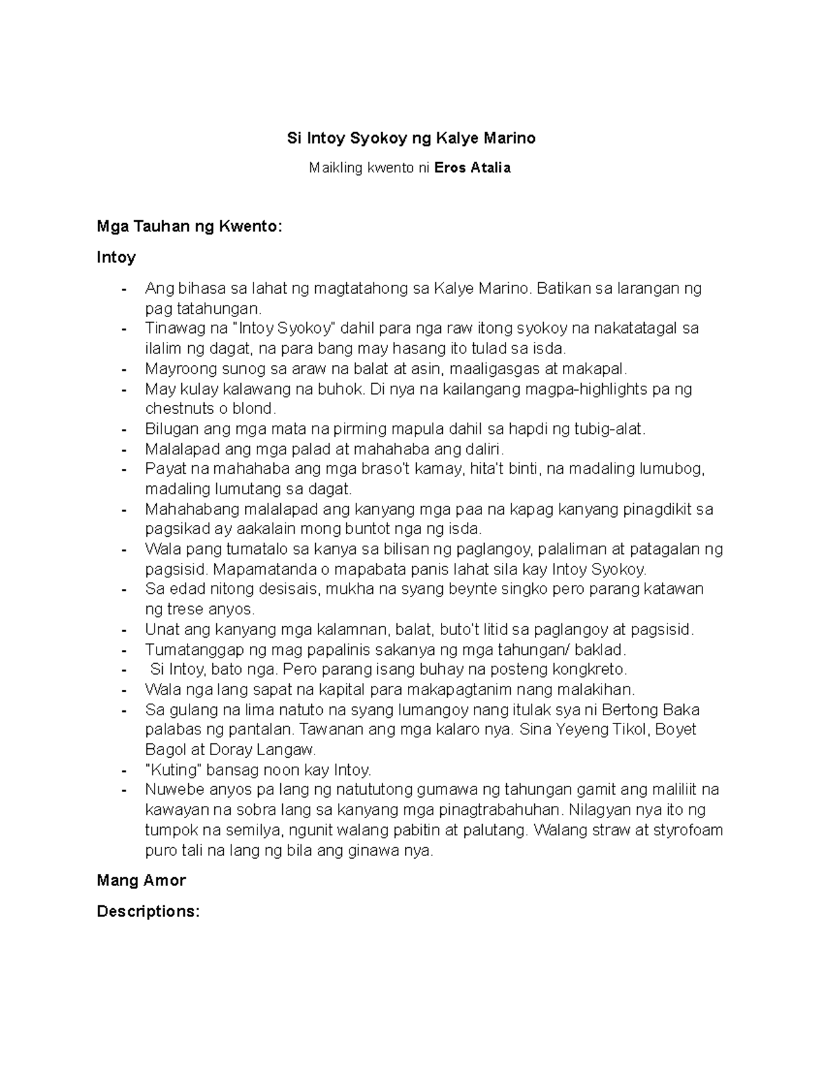 Si Intoy Syokoy ng Kalye Marino - Si Intoy Syokoy ng Kalye Marino Maikling kwento ni Eros Atalia ...