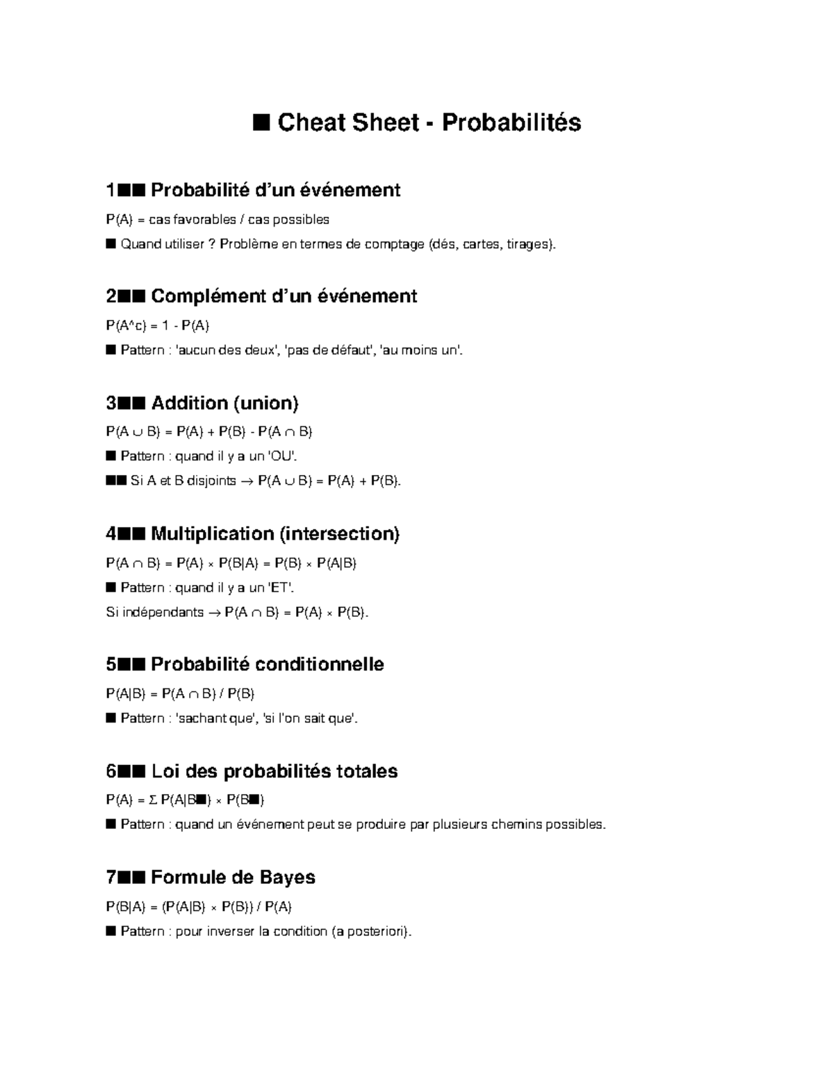 Cheat Sheet: Probabilités et Événements P(A) - Résumé - Studocu