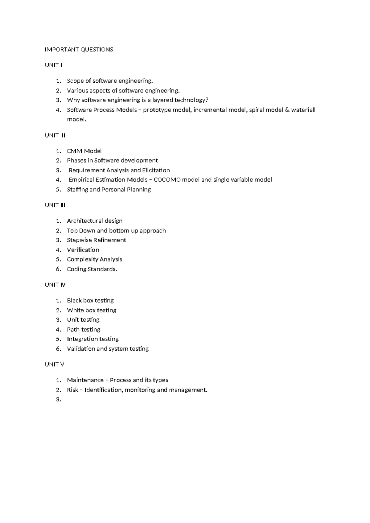 Important Questions - SE (Software Engineering) Unit I to V - Studocu