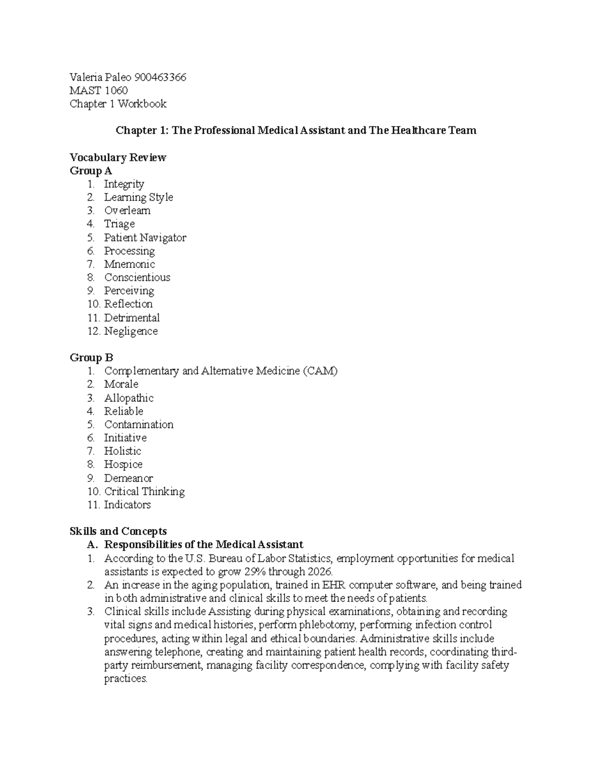 MAST 1060 Chapter 1: Medical Assistant Skills & Responsibilities Notes ...