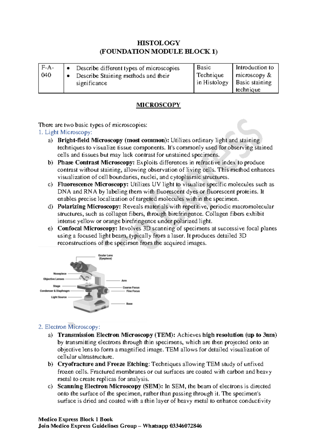 Histology Block 1: Types of Microscopy & Staining Techniques Overview ...