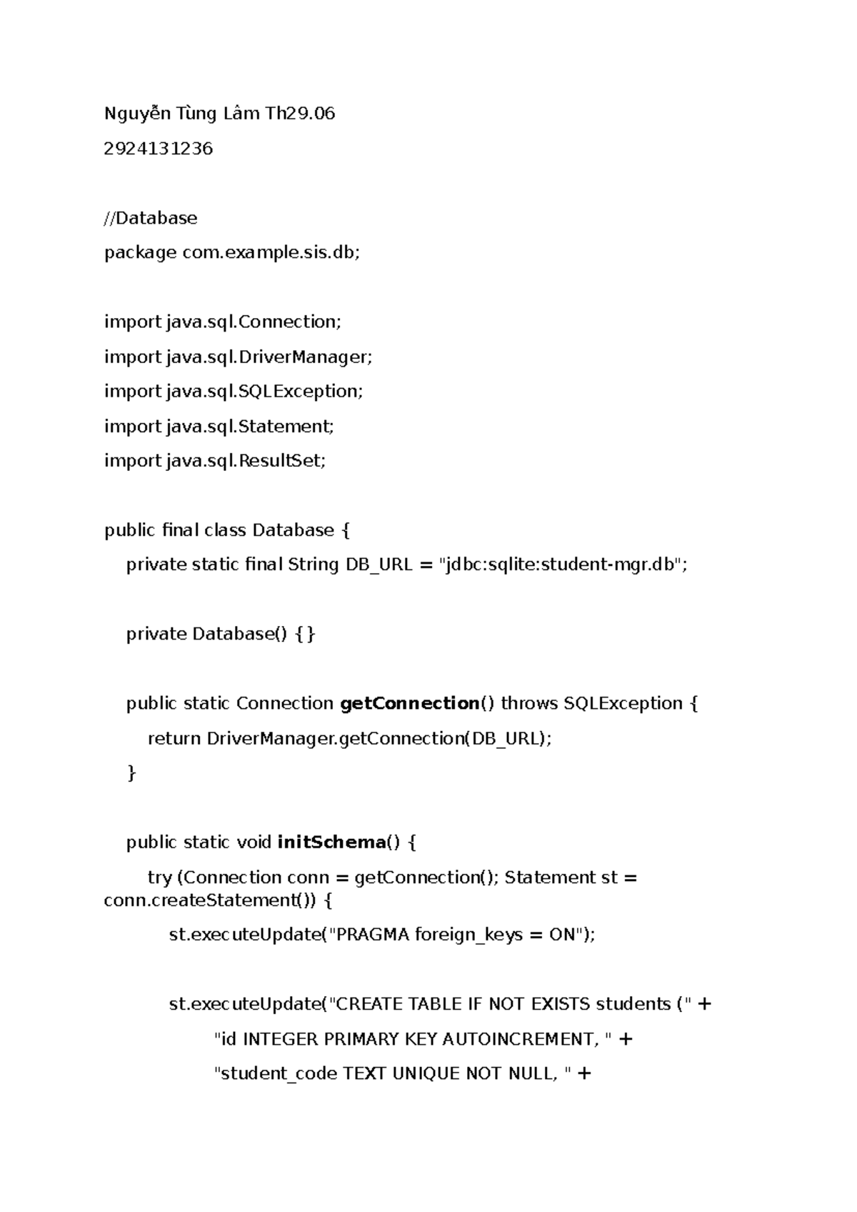 Database Java Code Implementation for Course Management (Th29.06) - Studocu