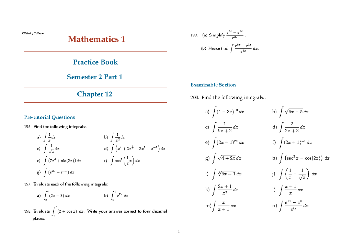 Mathematics 1 (College 199) Practice 3: Integral Calculations and Evaluations - Studocu