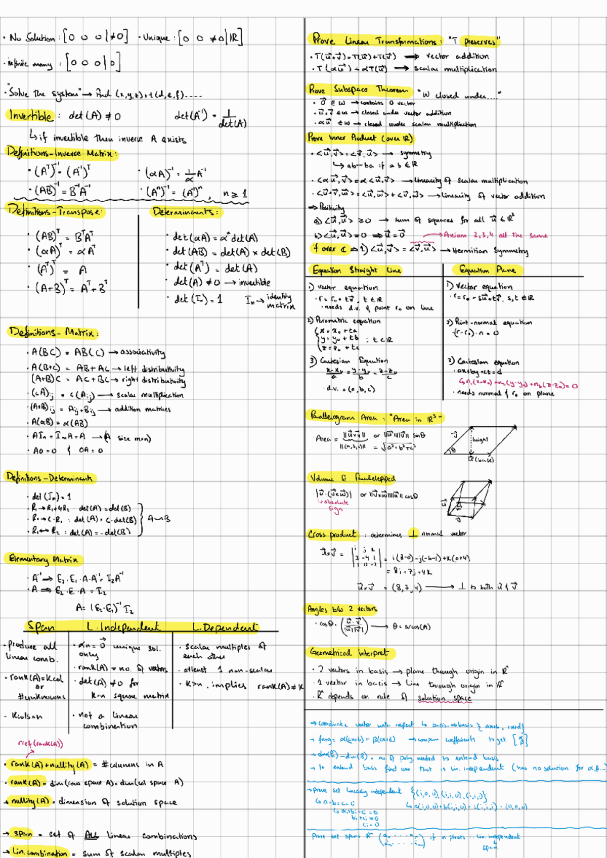 Final Exam Cheat Sheet: Linear Transformations & Vector Spaces (MATH 10) - Studocu