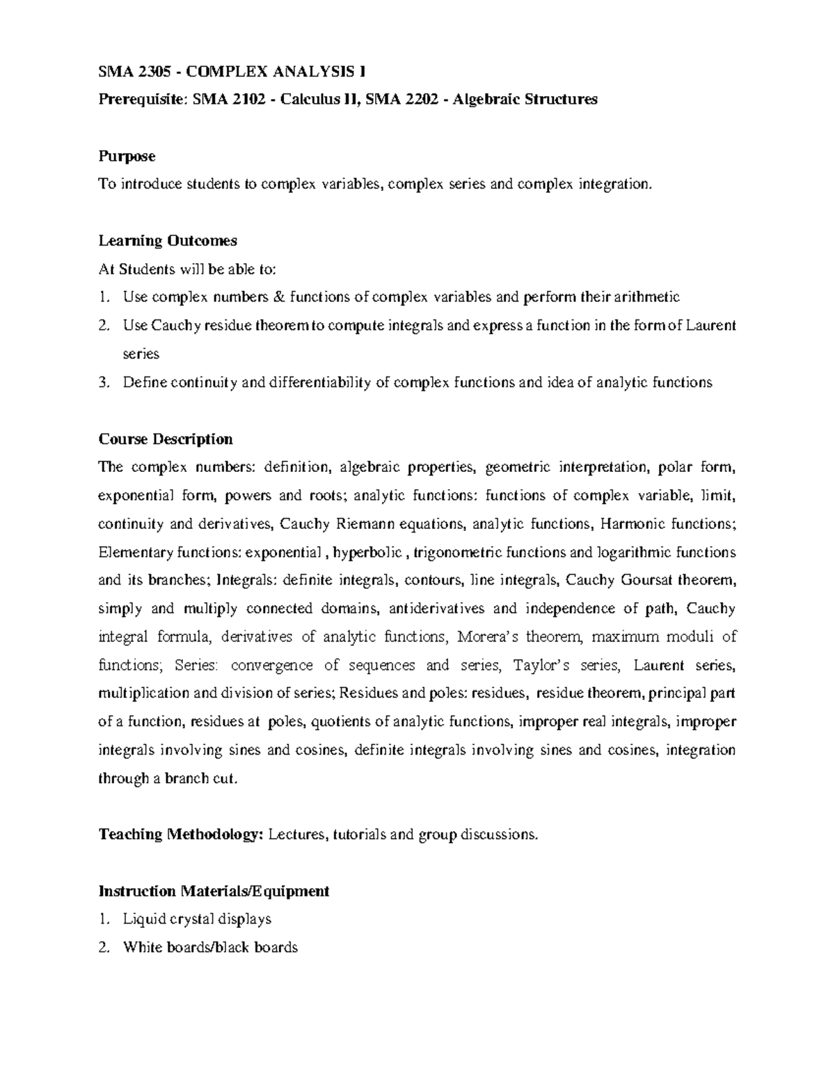 SMA 2305 Complex Analysis I - Detailed Course Outline - Studocu