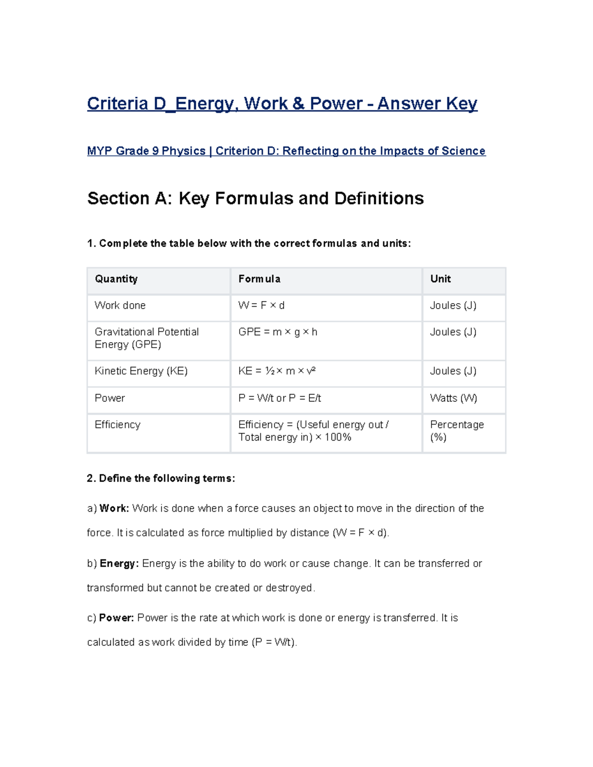 Energy Work Power - Answer Key MYP Grade 9 Physics - Studocu
