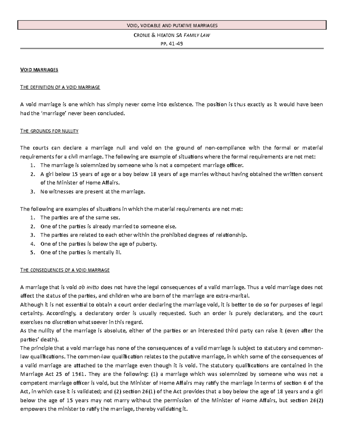 Cronje & Heaton SA Family Law: Void, Voidable & Putative Marriages (pp ...