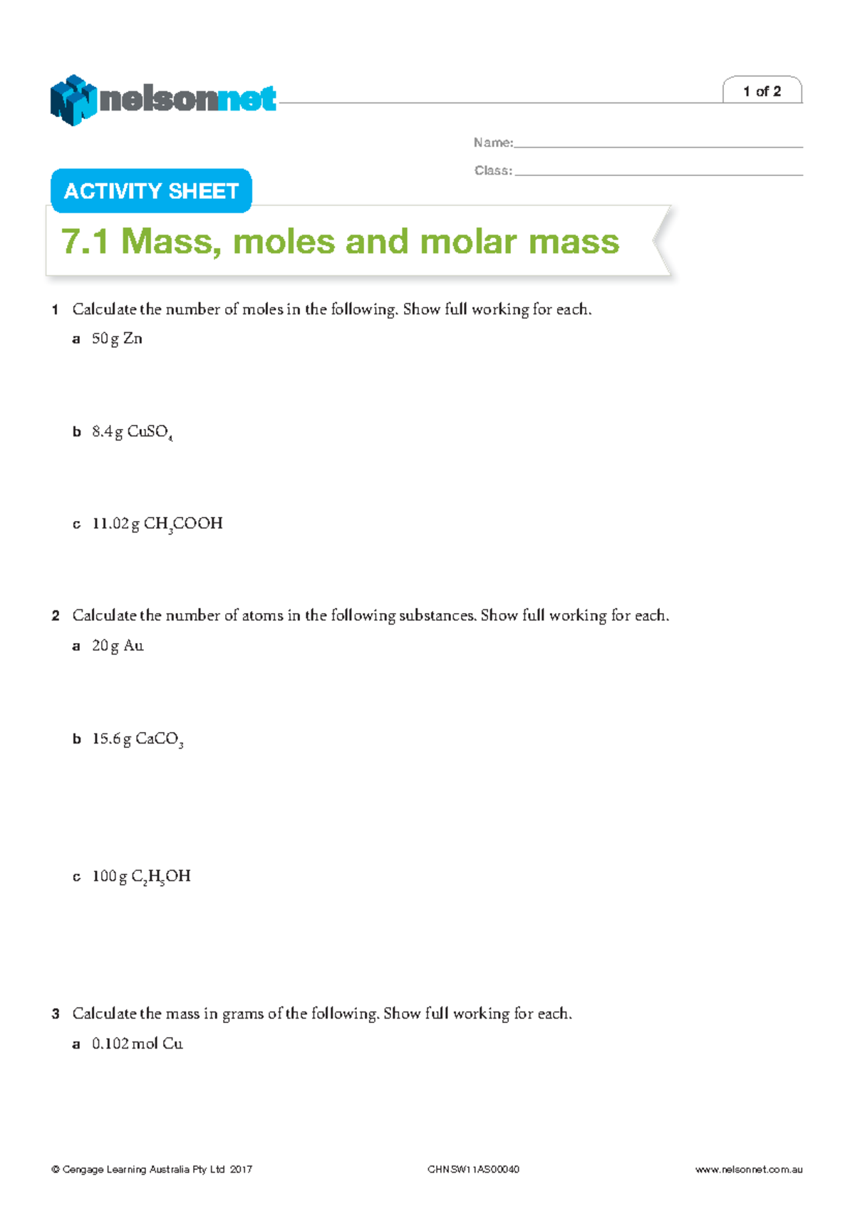 Activity Sheet 7.1: Mass, Moles & Molar Mass Calculations - Studocu