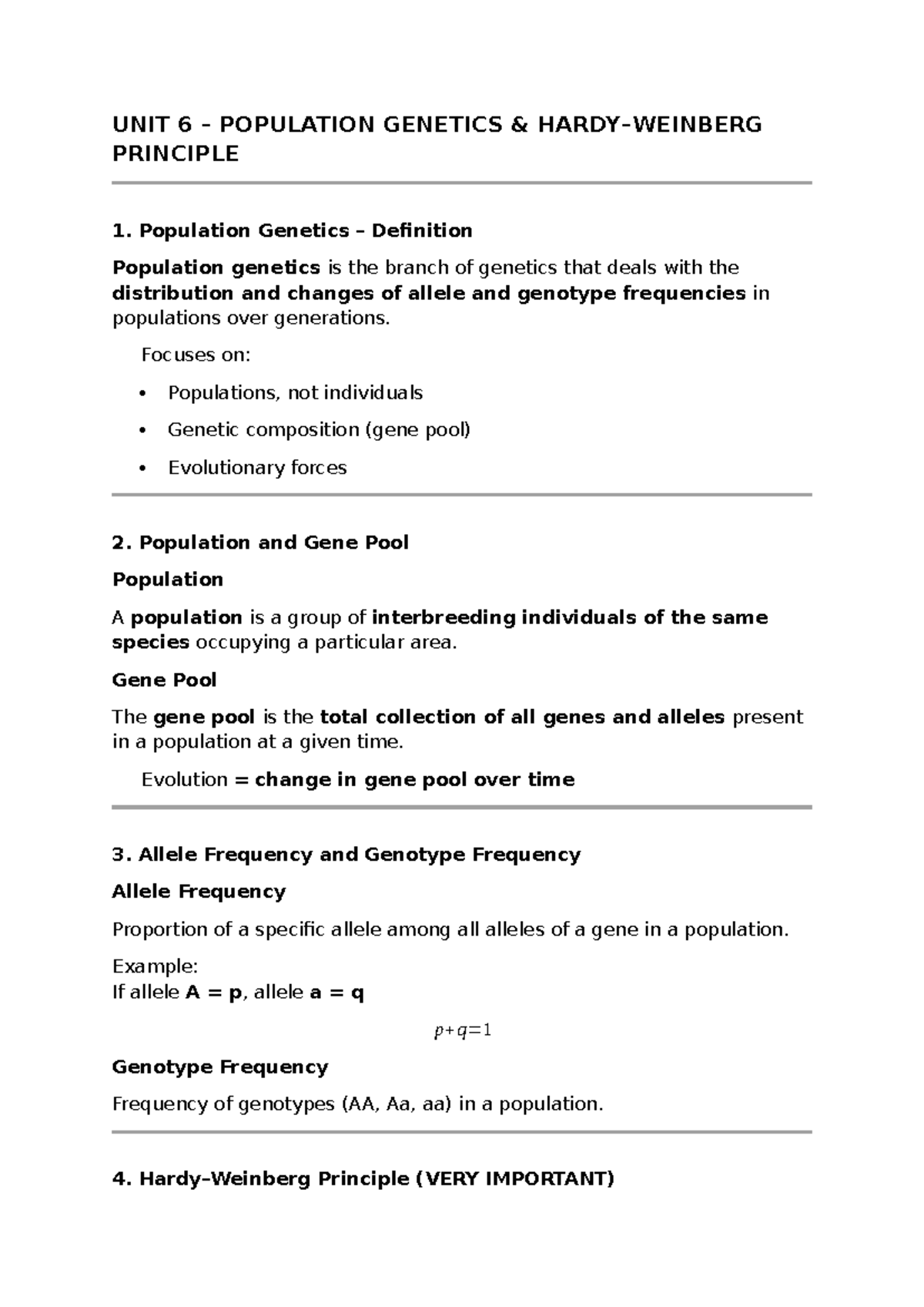 Unit 6 Population Genetics: Key Principles and Concepts - Studocu
