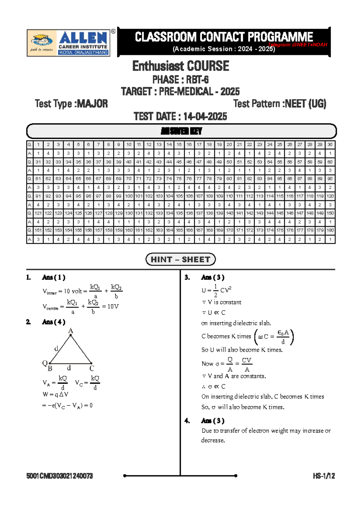 CLASSROOM CONTACT PROGRAMME: NEET (UG) 2025 Test Pattern & Answer Key ...
