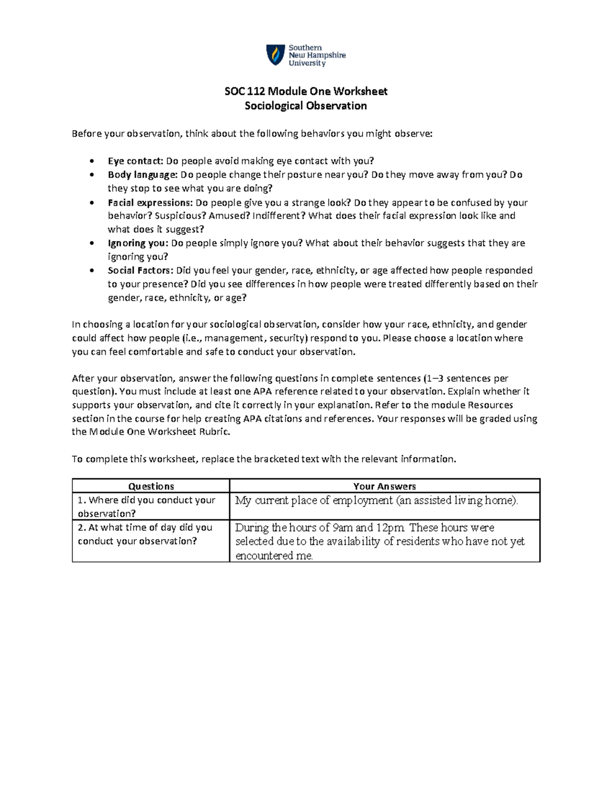 SOC 112 Module One Worksheet: Sociological Observation Insights - Studocu