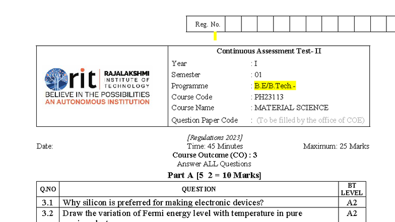 PH23113 Material Science Continuous Assessment II Question Paper - Studocu