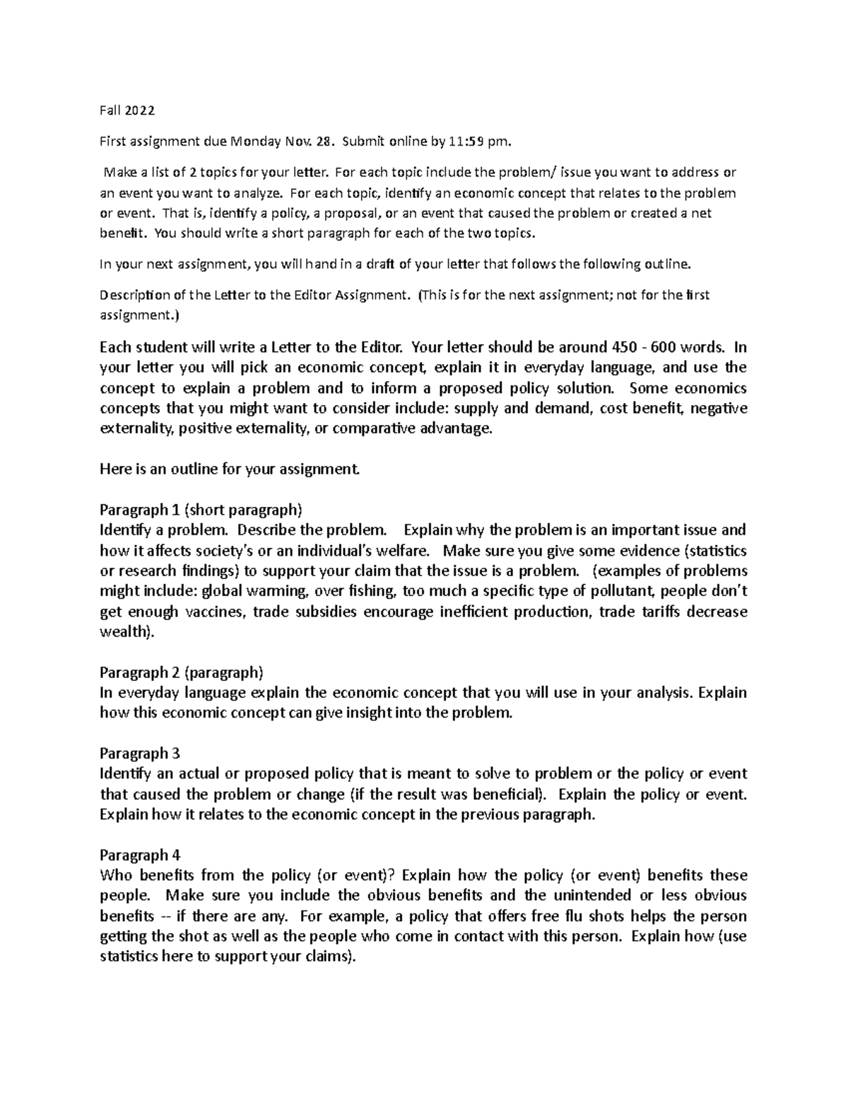 ECON 101: Letter to the Editor Assignment - Fall 2022 Guidelines - Studocu