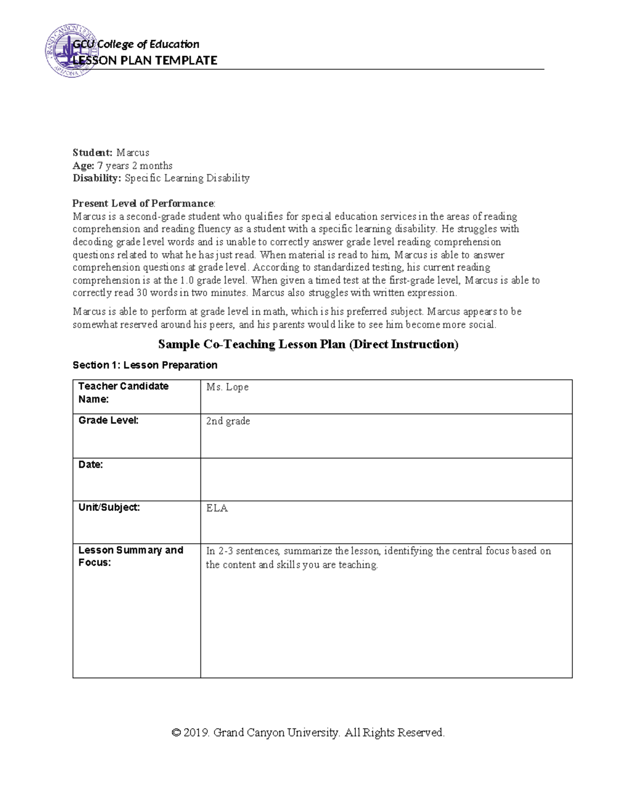 SPD 550 RS Partial IEP with Lesson Plan for Marcus (2nd Grade) - Studocu