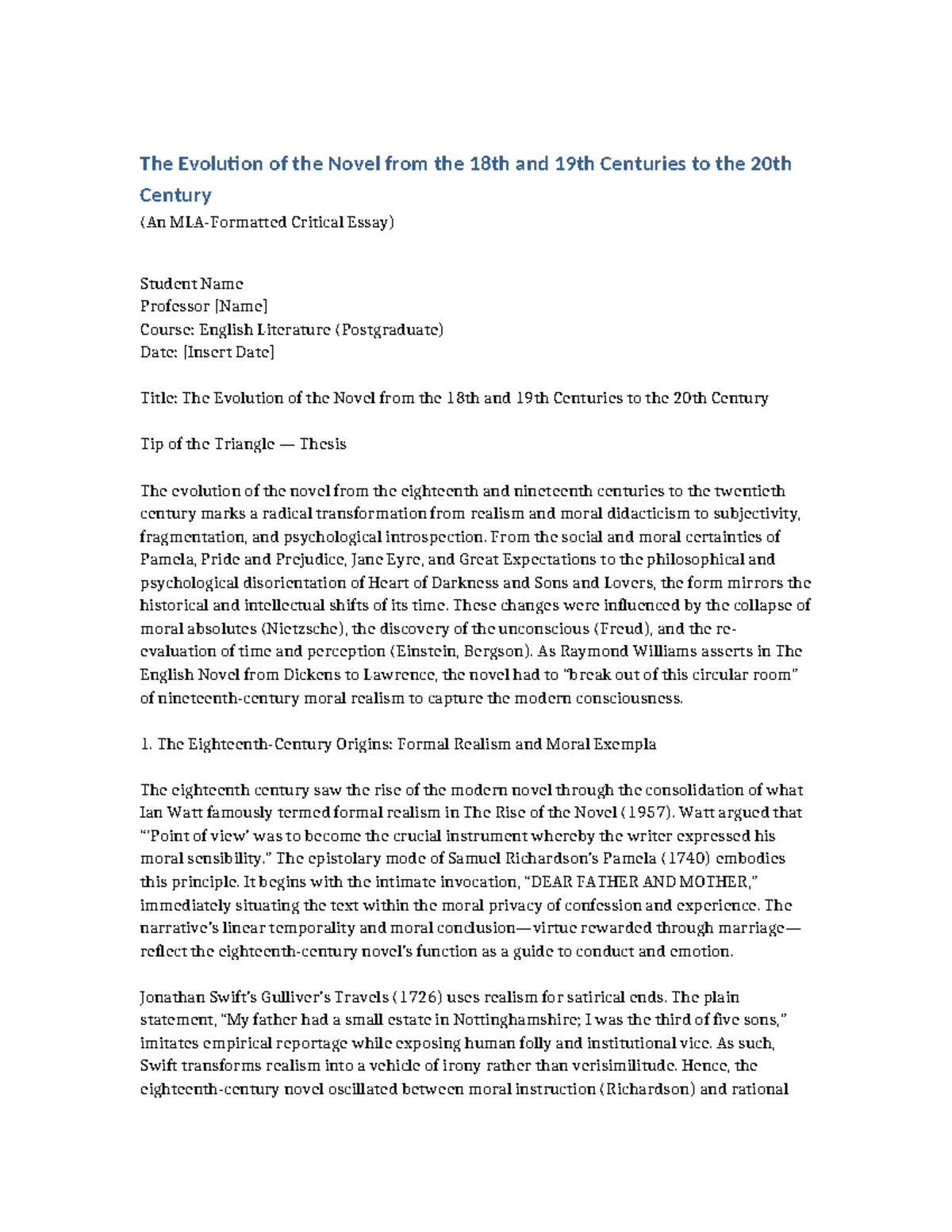 The Evolution of the Novel: 18th to 20th Century (Critical Essay) - Studocu