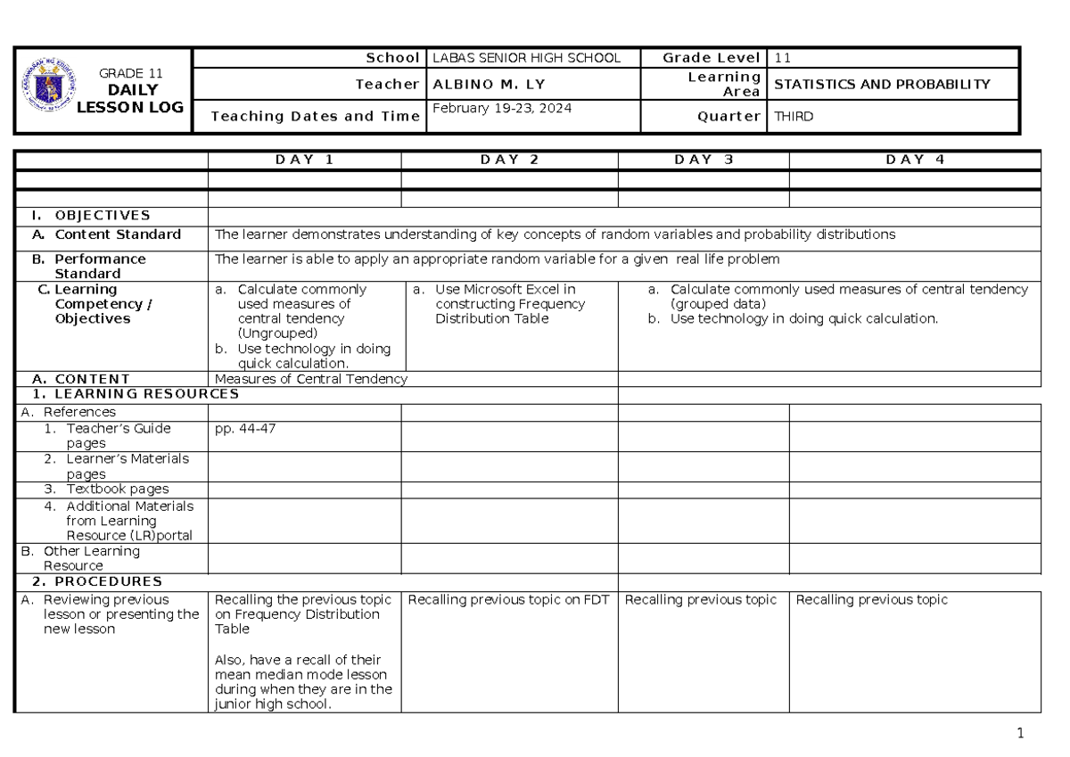 WEEK 4 Lesson Log: Measures of Central Tendency in Statistics - Studocu