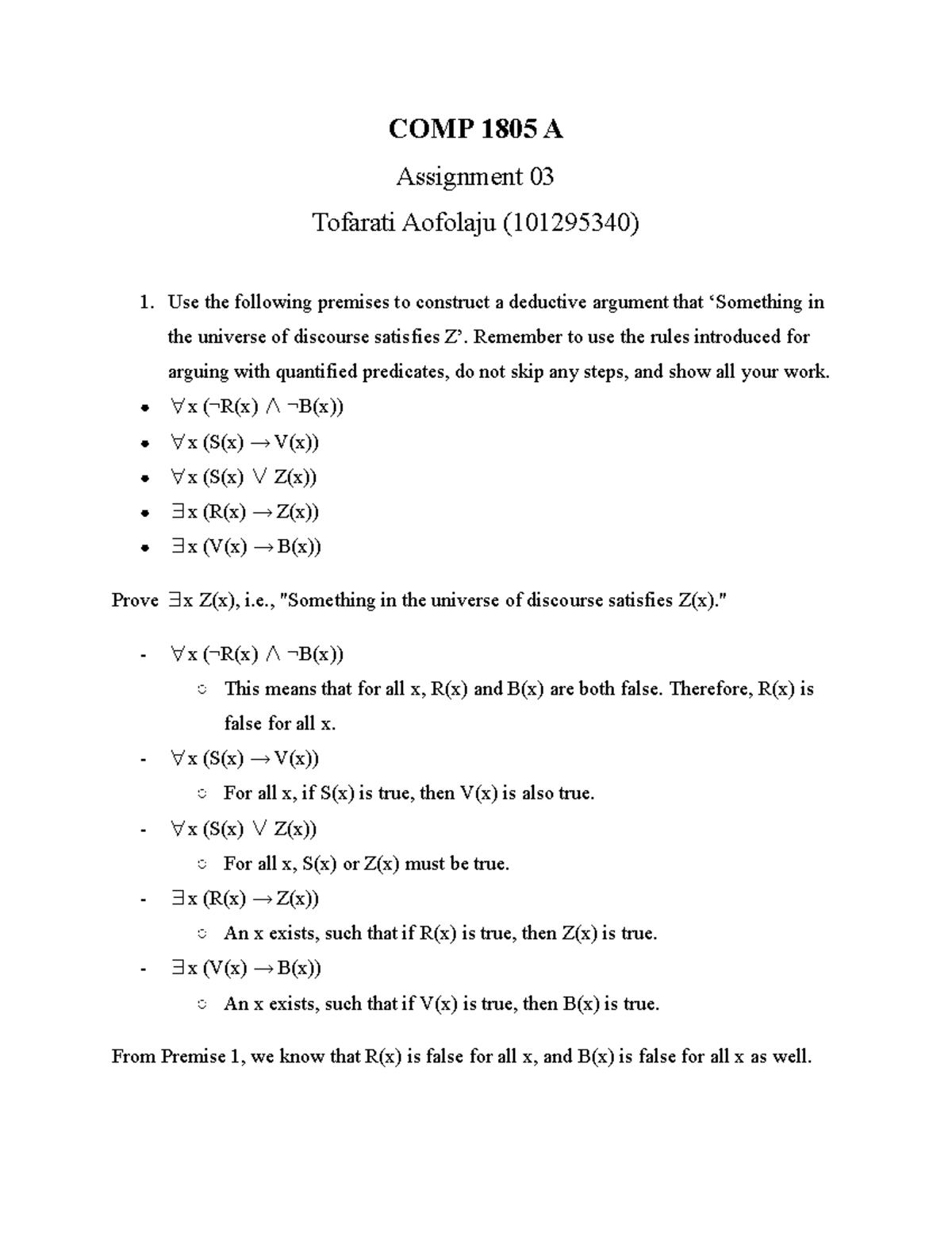 COMP 1805 A Assignment 03: Deductive Argument Construction and Proofs ...
