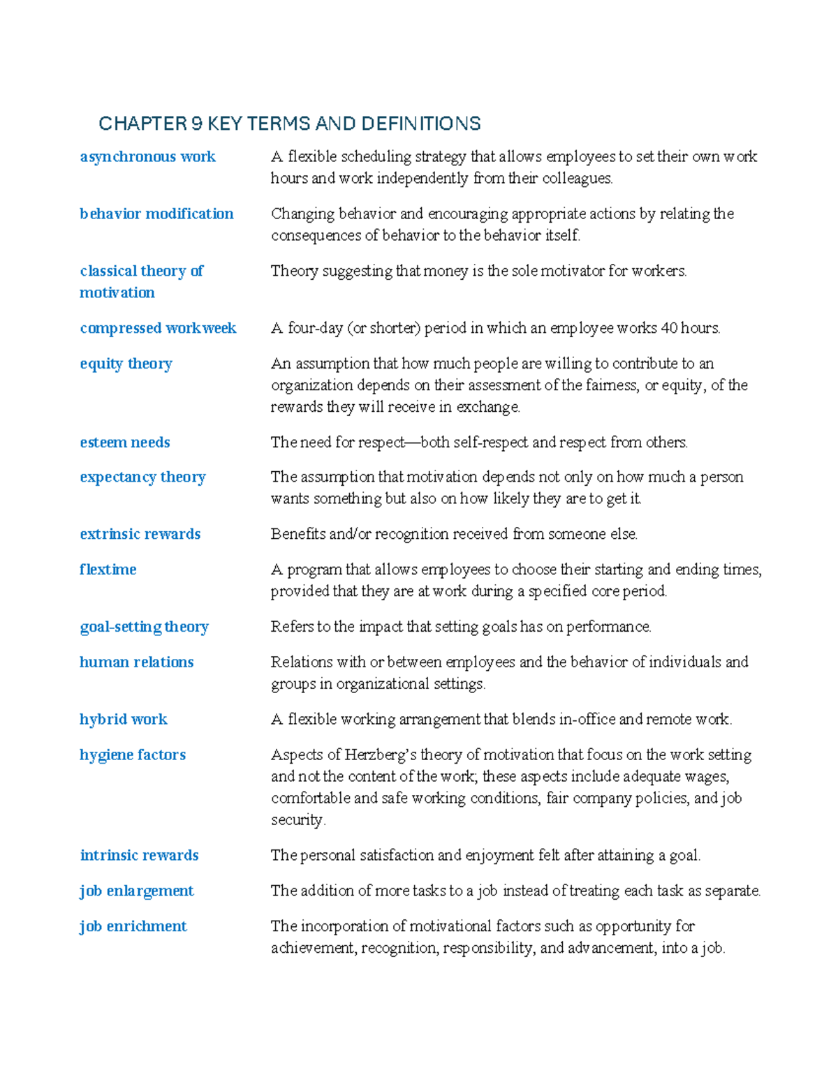 CHAPTER 9 KEY TERMS: Understanding Motivation & Work Dynamics - Studocu
