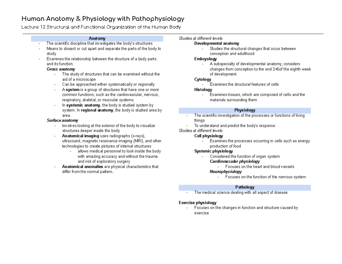 Human Anatomy & Physiology with Pathophysiology: Chapter 1 Overview ...