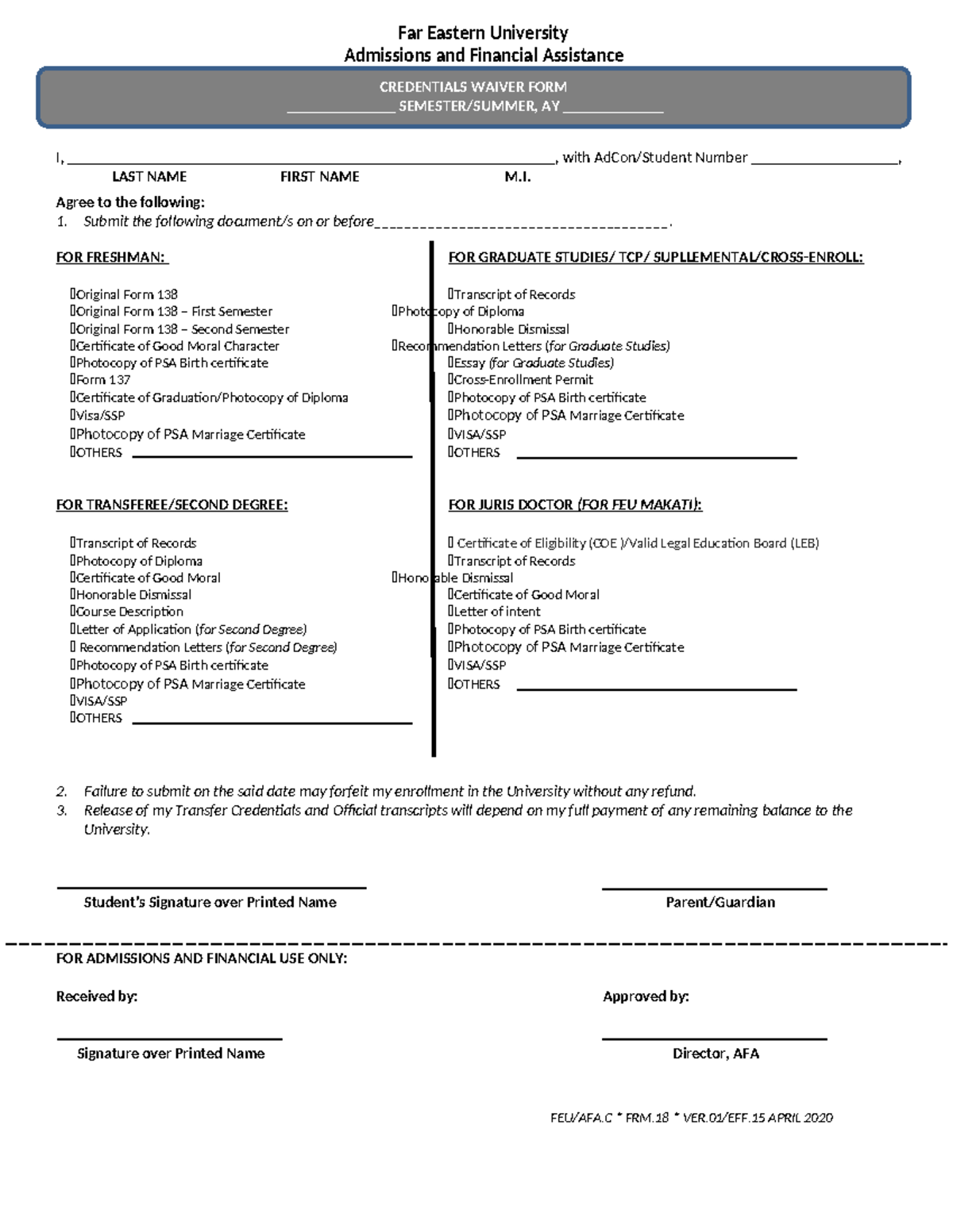 Credentials Waiver Form for Admissions - Far Eastern University - Studocu