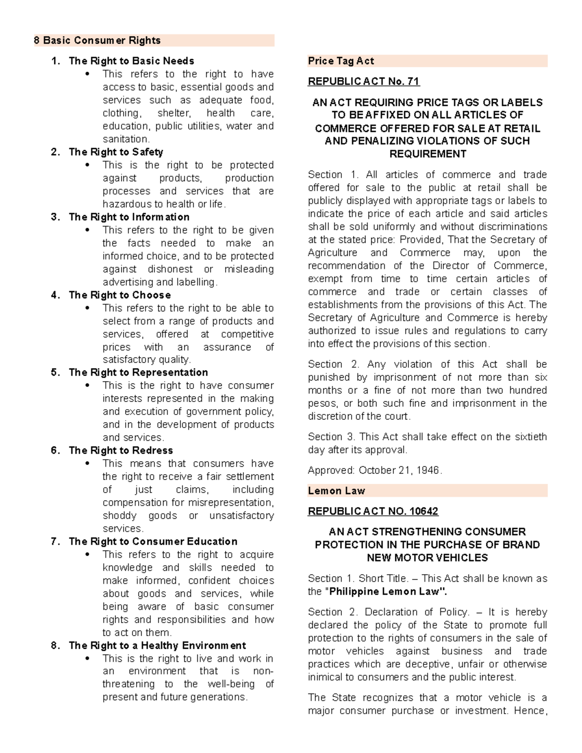 Consumer Rights, Price Tag Act & Lemon Law Overview - Studocu