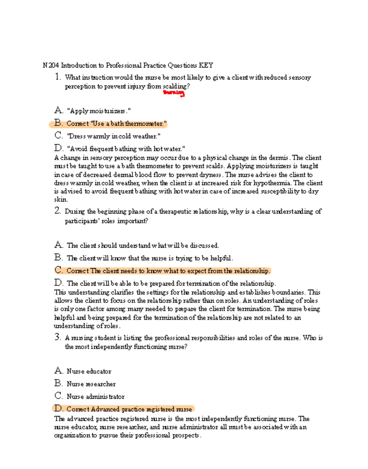 N204 Introduction to Professional Practice Exam Questions KEY - Studocu