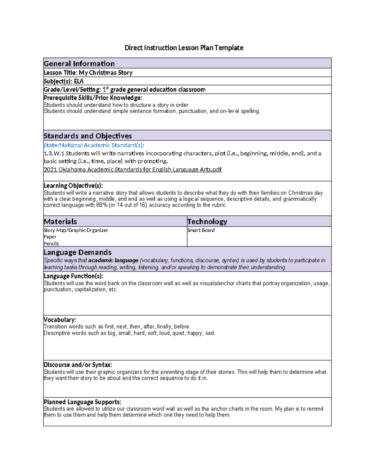 Task 1 - WGU C365 Task 1 - Direct Instruction Lesson Plan Template ...