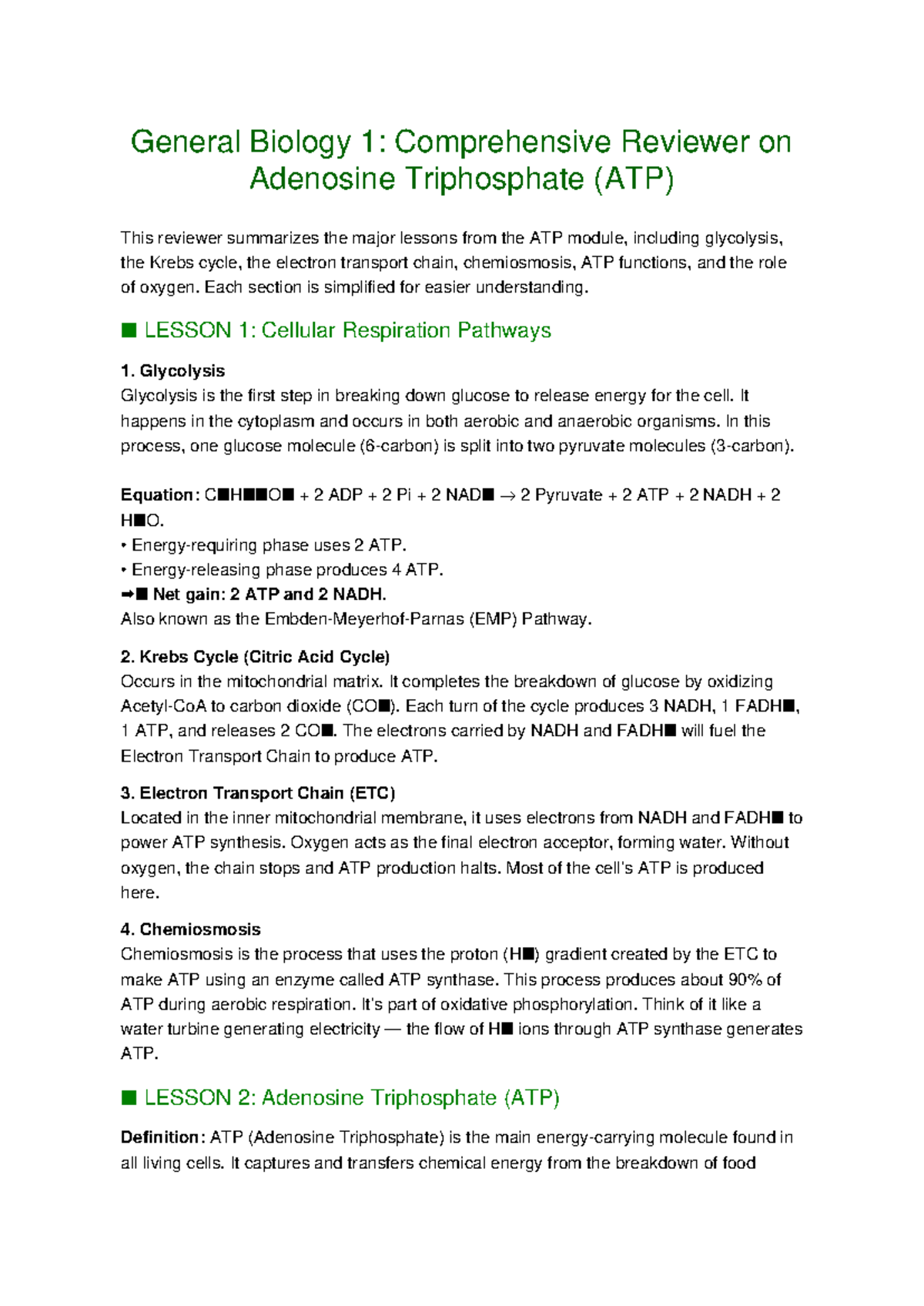 General Biology 1: Comprehensive ATP Reviewer on Cellular Respiration ...